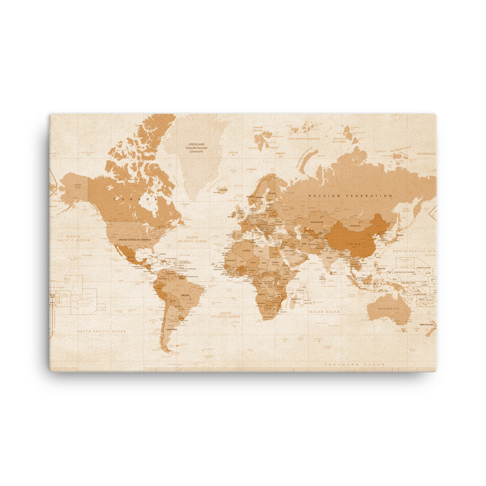 Sepia World Map Hand Stretched 36 x 24 Canvas - Liberty Maniacs